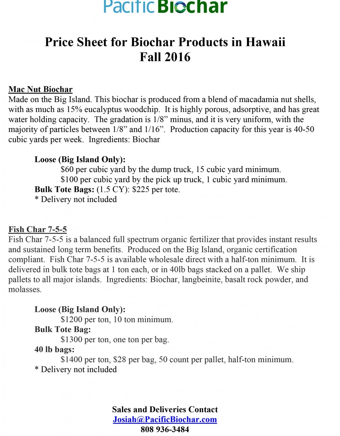 Biochar Price Sheet for Hawaii | Pacific Biochar Benefit Corporation
